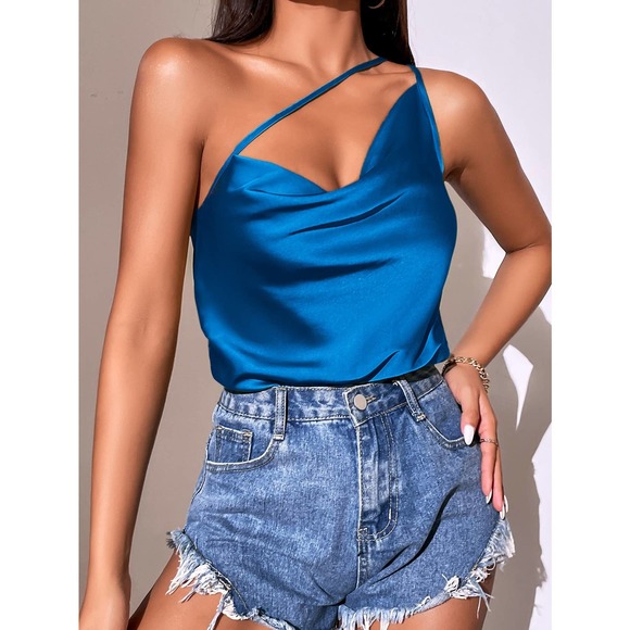 Tops | One Shoulder Draped Satin Bodysuit Cami Strap Black Y2k | Poshmark